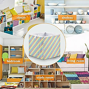 xigua Storage Cube Bright Rainbow Strips Foldable Storage Bins, Closet Shelves Organizer Fabric Storage Baskets for Clothes, Toys, Books, Office Supplies (Square)