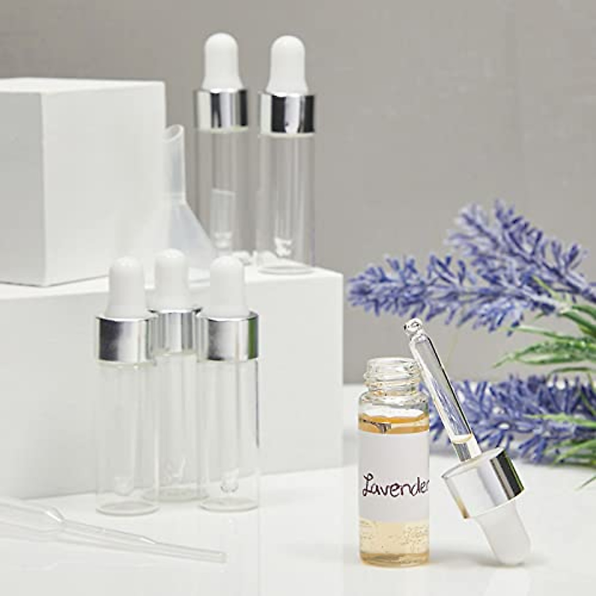 Okuna Outpost 0.17 oz Clear Glass Dropper Bottles, Pipettes, Labels, Funnels (Silver, 95 Pieces)