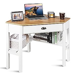KOTEK Corner Desk with Drawer and Shelves, Wooden Home Office Desk Triangle Computer Desk, Writing Study Desk Computer Workstation, Makeup Vanity Table (Natural & White)