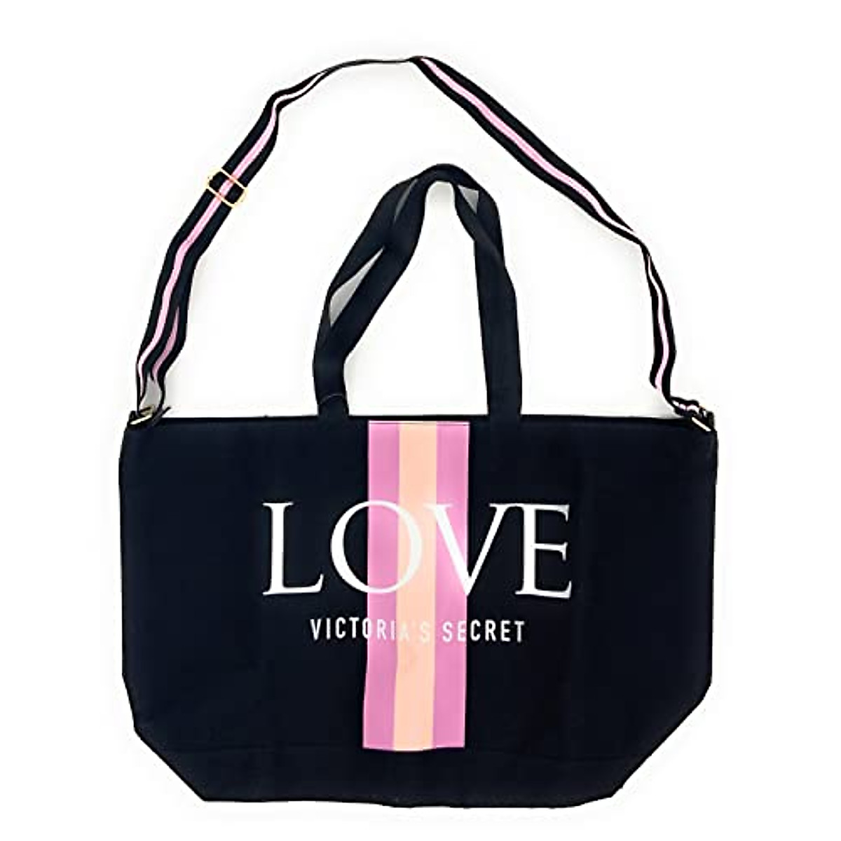 Victoria's Secret Weekender Tote Bag, Black Pink Stripes Love