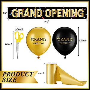 Grand Opening Ribbon Cutting Ceremony Kit Grand Opening Banner Grand Opening Decorations with 10'' Scissors 40 Pcs Balloons Satin Ribbon Bows and More Supplies for Business Events (Black Gold)