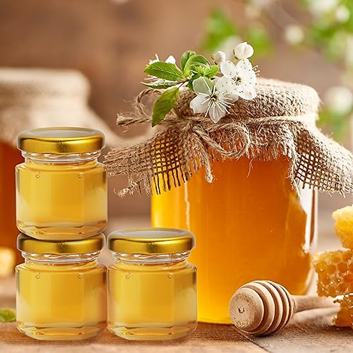 60 Pack Mini Honey Jars 1.5 Oz Glass Honey Jars with Wooden Dippers,Bee Charms,Thank You Cards,Jutes And Stickers, Hexagon Small Honey Jars with Dipper Party Favors in Bulk For Baby Shower Favors Wedd