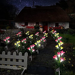 Tasodin Solar Garden Lights 2 Pack Solar Outdoor Lights with 8 Lily Flower, Solar Lights Powered Waterproof for Christmas, Yard, Garden, Patio, Pathway Decor(Yellow and Red)