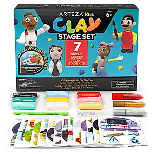 Arteza Kids Air Dry Clay, 42 Bars, Dream Career Modeling Clay Kit, 14 Mini-Stages, 14 Googly Eyes, 3 Glitter Glues, 1 Craft Tool, 7 Instruction Sheets, Craft Supplies for Learning and Developing