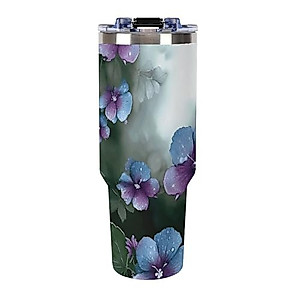 40 Oz Tumbler with Handle Blue Purple Flowers And Green Leaves Stainless Steel Coffee Mug Reusable Travel Mug Leak-proof Insulated Car Cup Large Capacity Tumbler for Travel, Outdoor, Home Use (Black)