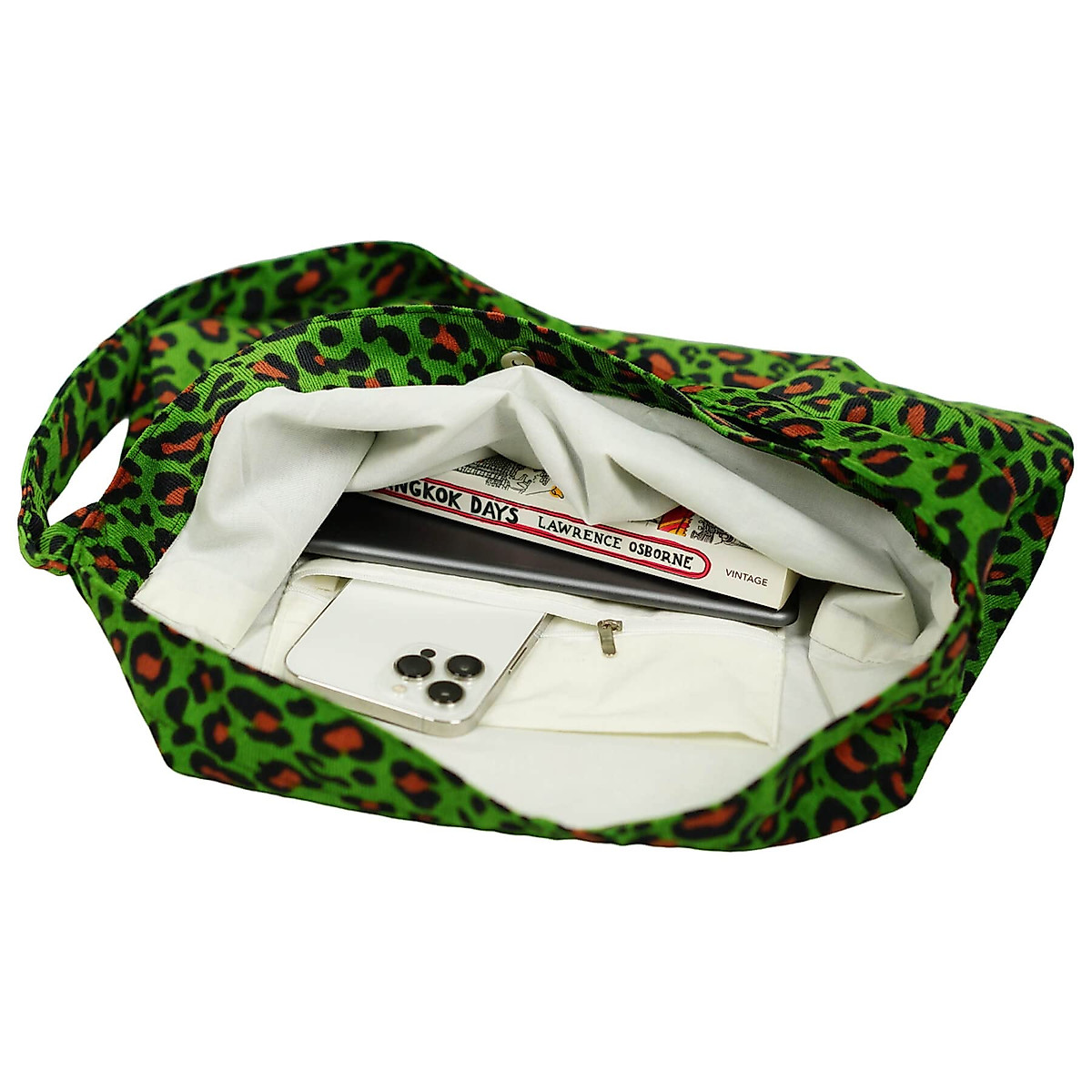 ZAIIVE Leopard Pattern Corduroy Tote Bag, Retro Green Leopard Print Crossbody Corduroy Shoudler Bag For Women Travel Shopping With Magnetic Snap