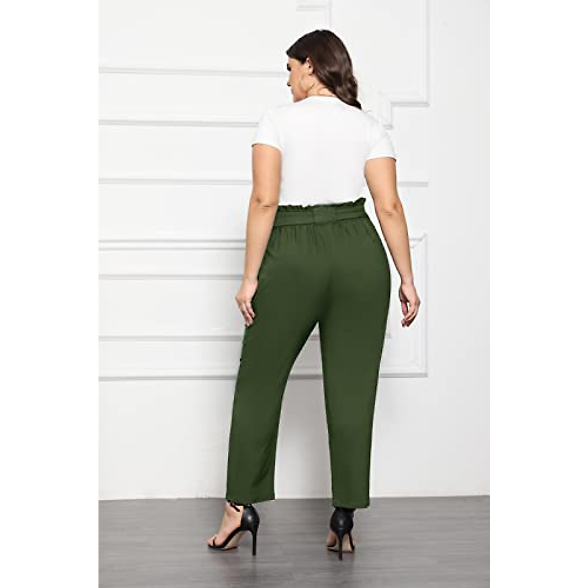 KIMCURVY Paper Bag Pants for Women High Waist Plus Size Pencil Pants for Work Army Green 18W