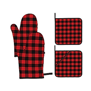 Buffalo Plaid Oven Mitts and Pot Holders Sets, 4 Piece Set, Heat Resistant Polyester Gloves and Pads for Kitchen Cooking Baking Grilling BBQ