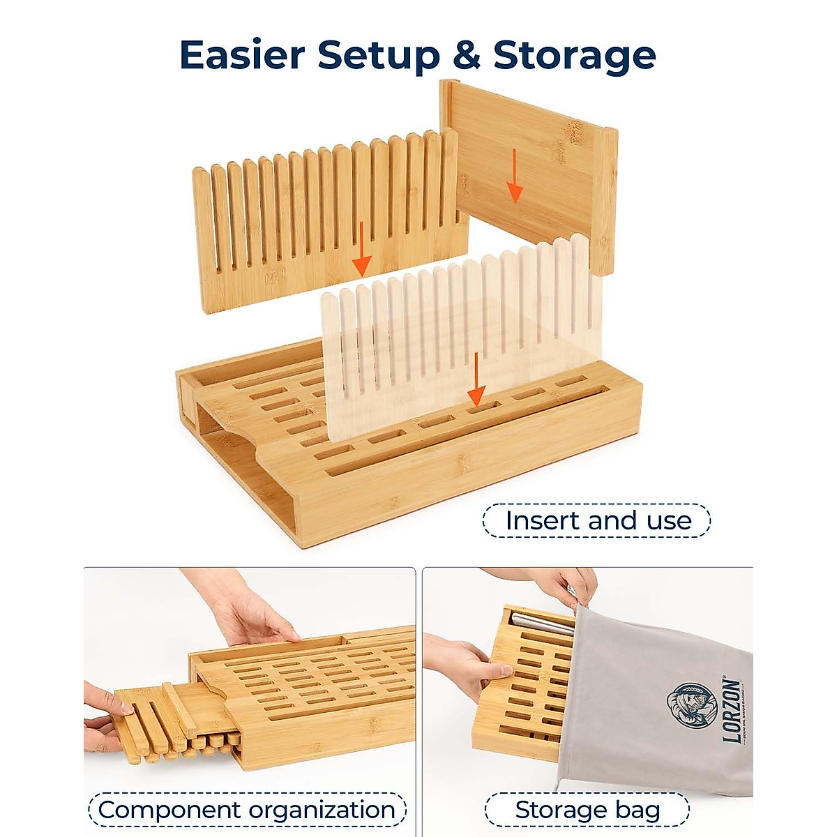 Lorzon Bamboo Bread Slicer with Bread Knife, Bread Cutting Guide with Storage Bag, Compact Bread Slicing Guide for Homemade Bread [Patent Pending]