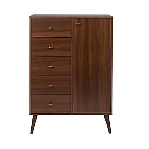 Prepac Milo Mid-Century 5 Drawer Combo Chest with Door, 16" D x 34.5" W x 49" H, Cherry