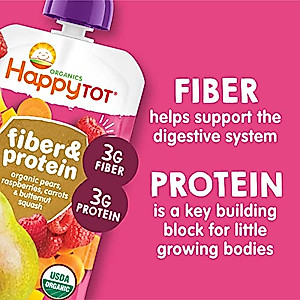 Happy Tot Organics Stage 4 Baby Food Pouches, Gluten Free, Vegan Snack, Fiber & Protein Fruit & Veggie Puree, Pears, Raspberries, Butternut Squash & Carrots, 4 Ounce (Pack of 8)