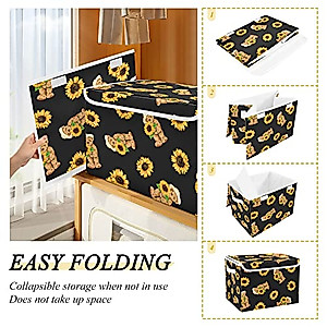innewgogo Cute Bear and Sunflower Storage Bins with Lids for Organizing Decorative Callapsible Storage Basket with Handles Oxford Cloth Storage Cube Box for Clothes