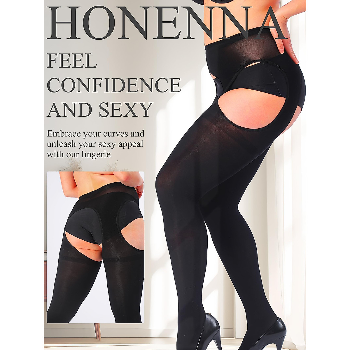 HONENNA Plus Size Suspender Tights for Women, Semi Opaque Sexy Garter Belt Nylons Mock Thigh High stockings, 1 Pair Black M-L