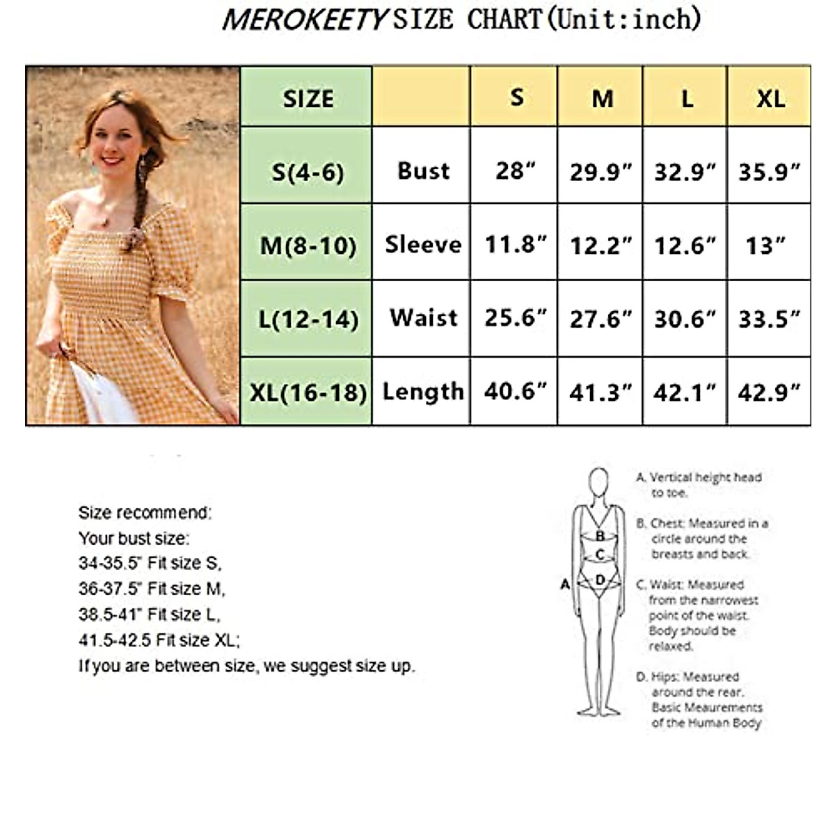 MEROKEETY Women's Plaid Square Neck Ruffle Puff Sleeve Midi Dress Summer Boho Backless Smocked Dress, Beige, Medium