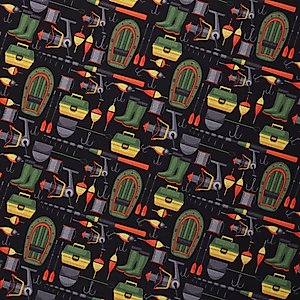 Mook Fabrics Cotton Fishing Tackle, Welly Green Cut by The yard
