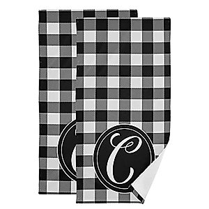 Jucciaco C Pattern Hand Towel for Bathroom Kitchen, Absorbent Black and White Plaid Print Bath Hand Towels Decorative, Soft Polyester Cotton Towels for Hand, 28x14 inches, Set of 2