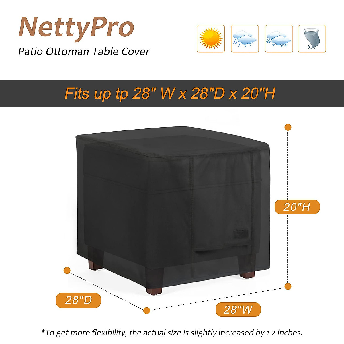 NettyPro Outdoor Patio Ottoman Cover, Waterproof Square Side Table Cover, 28L x 28W x 20H inch, Black