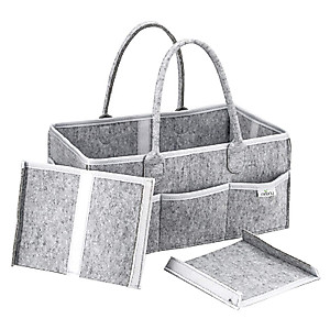 NEENY Baby Diaper Caddy Organizer – Portable Changing Table Storage Basket – Soft Felt Grey Nappy Bag Adjustable Compartments – Wipes Bottle Nursing Home & Car Travel – FREE Cotton Bib & Pacifier Clip
