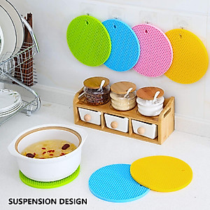 6 Pack Silicone Trivets Pot Mat Round,Pan Pot Holders Set Heat Resistant-Resistant (440ºF) & Eco-Friendly,Insulation,Non Slip Silicon Hot DishTrivet for Kitchen DiningTable Countertop,with 8 hooks