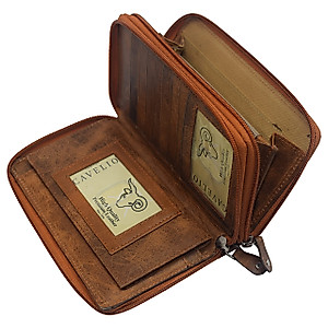 Cavelio USA Women's RFID Blocking Real Leather Large Capacity Double Zip Around Wallet Phone Holder Clutch Travel Purse Gift Box (Tan)