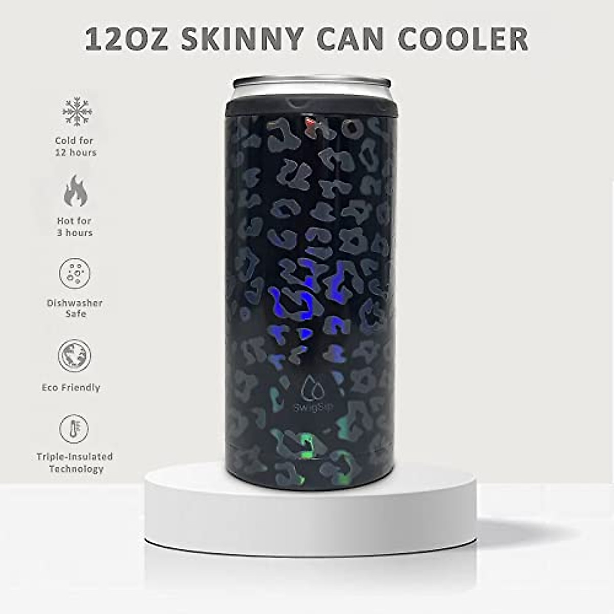 Swig Sip Skinny Can Cooler - Double Wall Stainless Steel Vacuum Insulated Can Holder for 12oz Slim Tall Beverage Bridesmaid Gift (Laser Black Leopard)