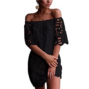 PRETTYGARDEN Women's Summer Off Shoulder Vintage Floral Lace Flare Short Sleeve Loose Elegant Mini Dress (Black,Medium)