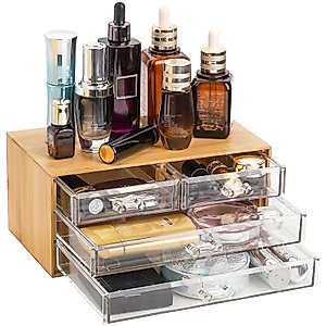 Okllen Bamboo Cosmetic Storage Organizer with 4 Acrylic Drawers, Clear Makeup Organizer Jewelry Storage Box, Desktop Organizer Dresser Display Case for Skincare, Hair Accessories, Bathroom Counter