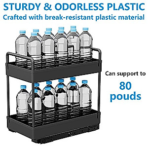 HEITICUP 2 Tier Under-Sink Organizers and Storage, Sliding Cabinet Basket Organizers, Pull Out Home Organizers with Hooks & Hanging Cups for Bathroom, Kitchen, Laundry Room, Black