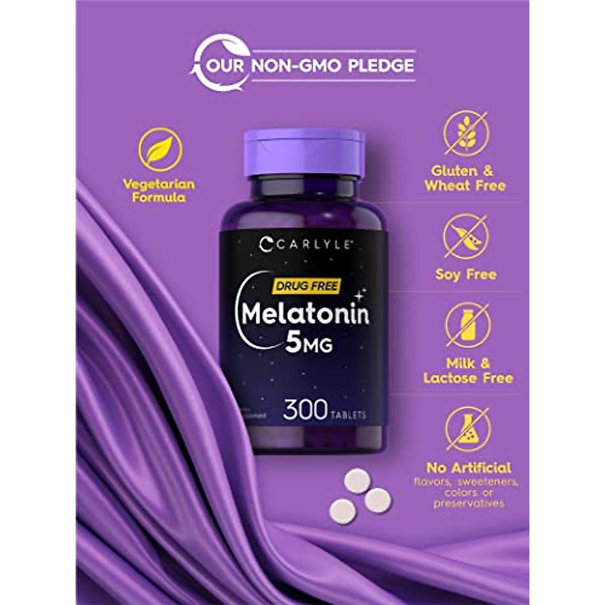 Carlyle Melatonin 5mg | 300 Tablets | Drug Free Supplement | Vegetarian, Non-GMO, Gluten Free