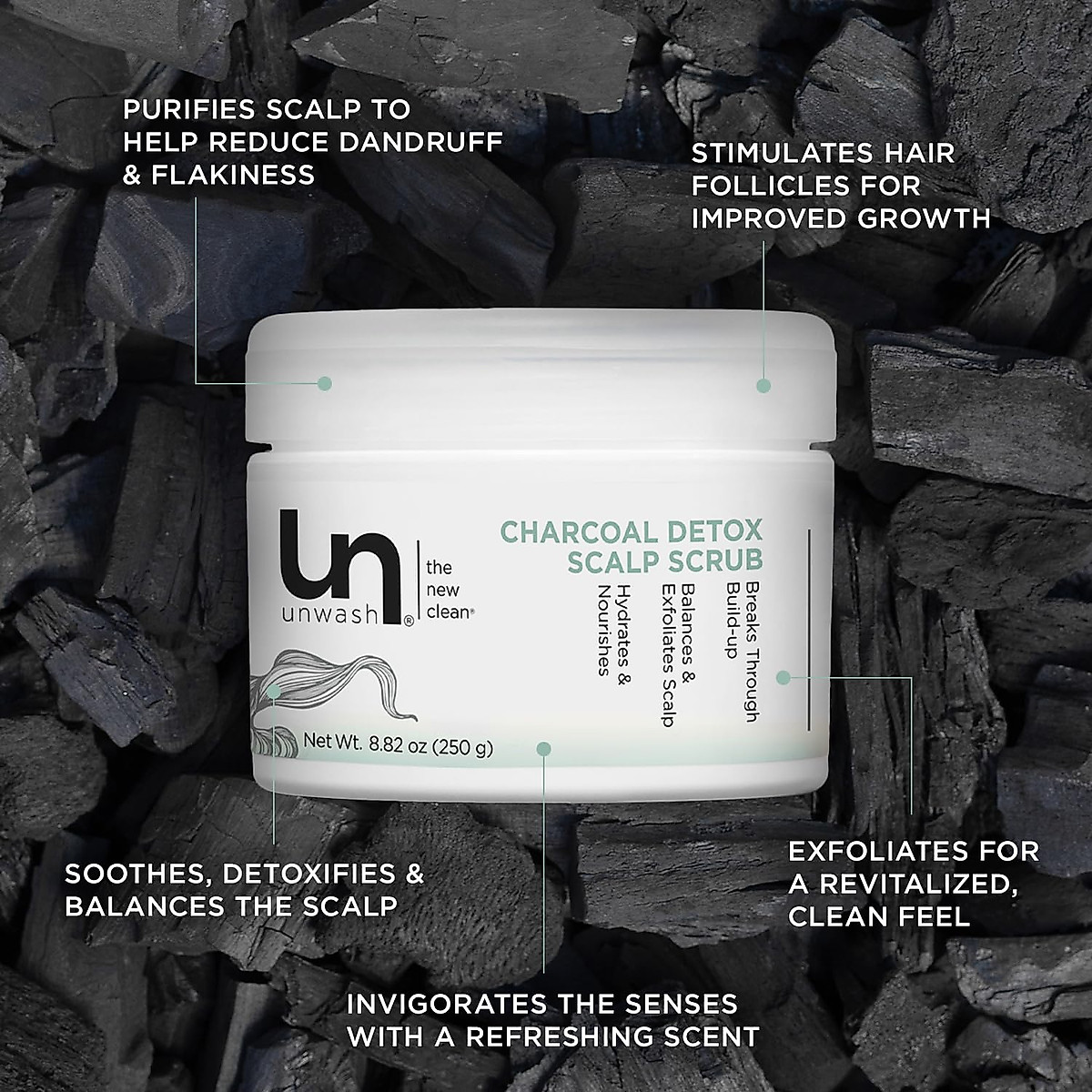 Unwash Charcoal Detox Scalp Scrub - Detoxify, Exfoliate, & Rebalance Hair & Scalp, Removes Build-Up, For Dry, Itchy Scalps Paraben Free, 8.82 oz
