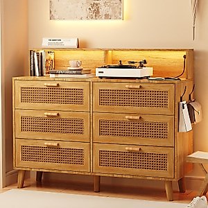 Dresser for Bedroom, 6 Drawer Boho Dresser with LED Light, Rattan Chest of Dressers, Modern Wood Dresser Chest, BesideTable for closet,Storage Organizer Cabinet for Hallway Entryway LivingRoom Natural