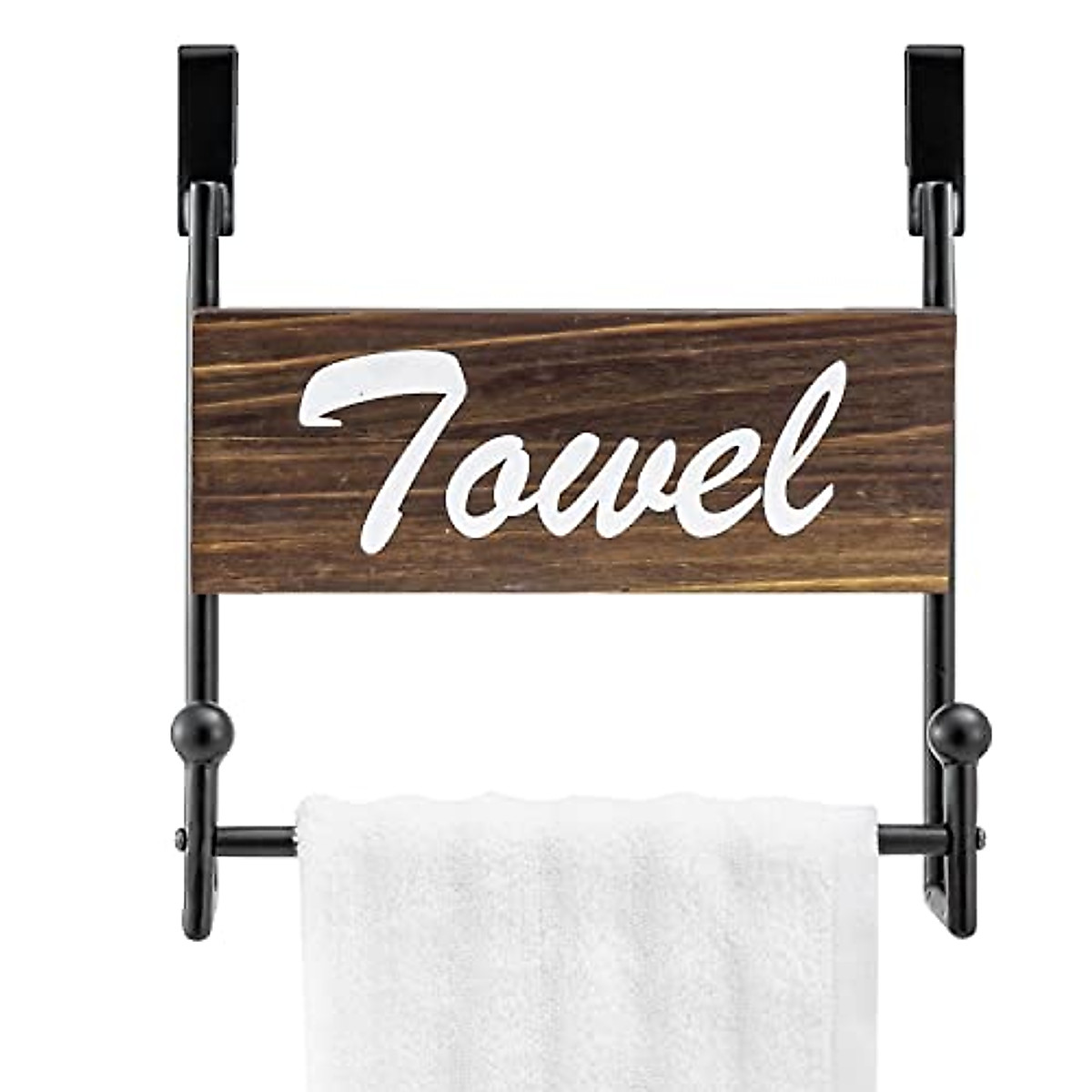 MyGift Industrial Matte Black Metal Over Cabinet Door Hand Towel Bar Holder with Decorative Burnt Wood Cursive Towel Sign