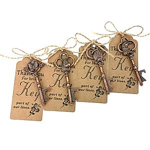 40pcs Skeleton Key Bottle Opener Wedding Party Favor Souvenir Gift with Escort Tag and Jute Rope (Copper Tone,4 Styles)