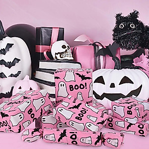 100 Sheets 20 * 14 Inches Pink Ghost and Boo Tissue Paper Halloween Bat Ghost Printed Tissue Paper for Birthday Party Baby Shower Halloween Party DIY Craft