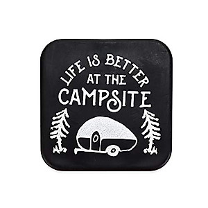 Camco Life is Better at The Campsite Hitch Receiver Cover | Protects Your Trailer Hitch Receiver from Debris, Dirt, Water and Rust | Life is Better at The Campsite Sketch Logo, Black/Silver (53410)
