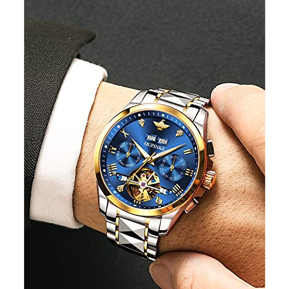 OUPINK Automatic Watches for Men Luxury Mechanical Tungsten Steel Casual Luminous Wristwatch Waterproof Sapphire Calendar Watches Blue