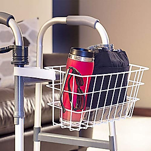 HealthSmart Walker Storage Basket with Cup Holder and Insert Tray, FSA Eligible, No Tools Needed, Universal Fit, White, 16 x 5.5 x 7, Walker Accessories Basket