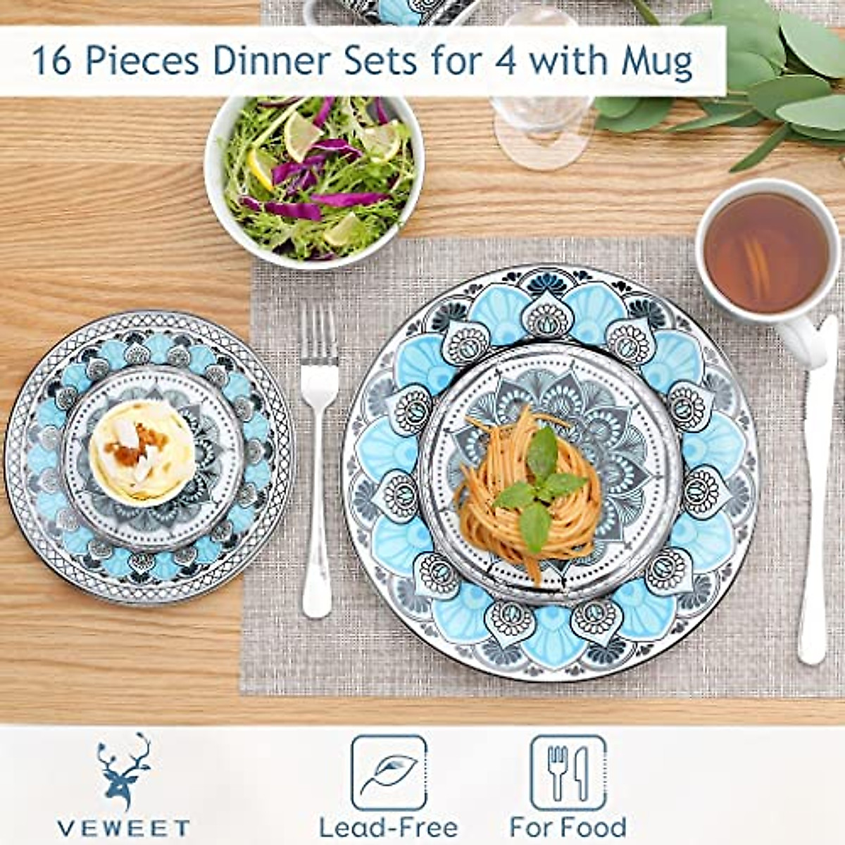 VEWEET, Series Audrie, Porcelain Dinnerware Sets with Patterned Floral, 16 PCS Plates and Bowls Sets for 4, Including Dinner Plates, Dessert Plates, Cereal Bowls and Mug, Microwave & Dishwasher Safe