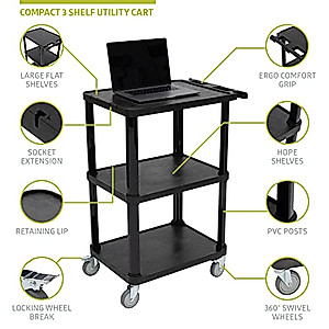 Pearington 3-Tier Compact Multi-Purpose Utility Cart with Lockable Wheels and Ergonomic Handle, Black