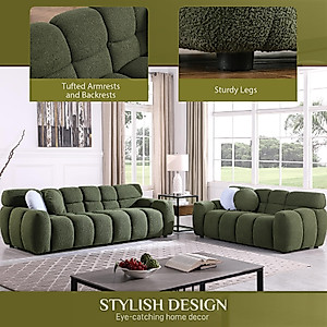 Wrofly 2 Piece Boucle Sofa Couch Set, Comfy Upholstered Sherpa Deep Seat Cloud Couch and Loveseat, Modern Tufted 3 Seater and 2 Seater Love Seat Sofa for Living Room Apartment, Olive Green