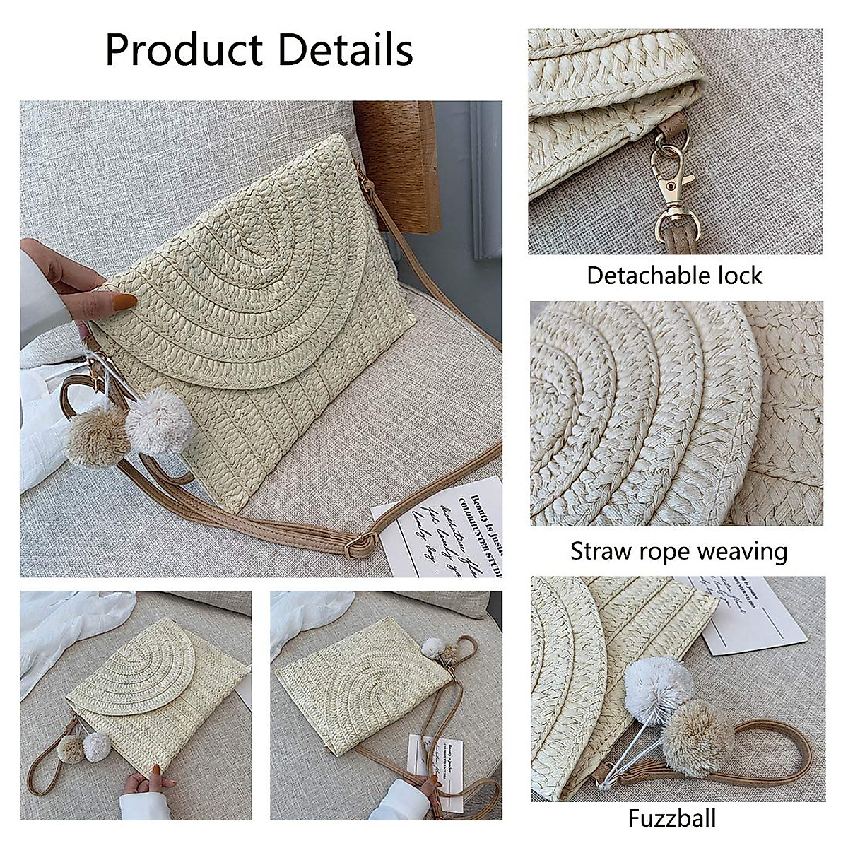 Straw Shoulder Bag Women Straw Clutch Summer Beach Crossbody Bag Handmade Woven Purse Handbag Holiday Gifts, Beige, 7.9 x 10.6 inch