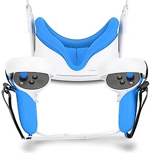 Face Cover & Controller Grip Protective Sleeve for Oculus Quest 2 Light Proof Silicone Face Pad Cushion Anti Collision Handle Cover Shell w/Adjustable Wrist Knuckle Strap No Signal Block (Blue)