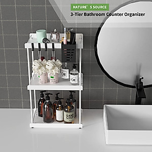 NATURE'S SOURCE 3 Tier Iron Bathroom Organizer Countertop with Hair Dryer Holder, Detachable Cups and Hooks- Makeup Organizer Perfume for Dresser Vanity Tray, Spice Rack Organizer for Kitchen (White)