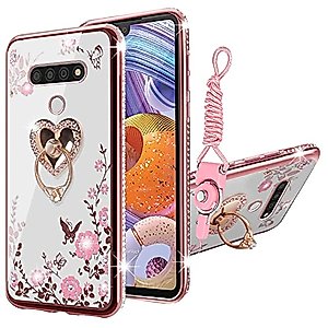 KuDiNi for LG Stylo 6 Case for Women Glitter Crystal Soft TPU Bling Cute Butterfly Heart Floral Clear Protective Cover with Kickstand+Strap for LG Stylo 6/LG K71/LG Stylus 6/LG Stylo 6(Rose Gold)