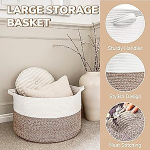 TIMEYARD Large Storage Basket, 21.7'' x 13.8'' Cotton Rope Blanket Basket Living Room Toy Baskets Storage Kids, Nursery Laundry Baskets for Dirty Clothes Pillows Towel, 90L White & Brown