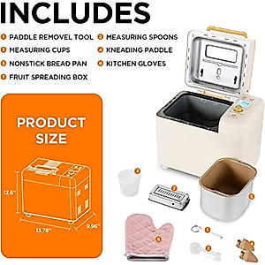 Neretva Bread Maker Machine, 15-in-1 2LB Automatic Breadmaker with Gluten Free Sourdough Setting, Auto Nut Dispenser, Digital, 1 Hour Keep Warm, 2 Loaf Sizes, 3 Crust Colors - Receipe Booked Included