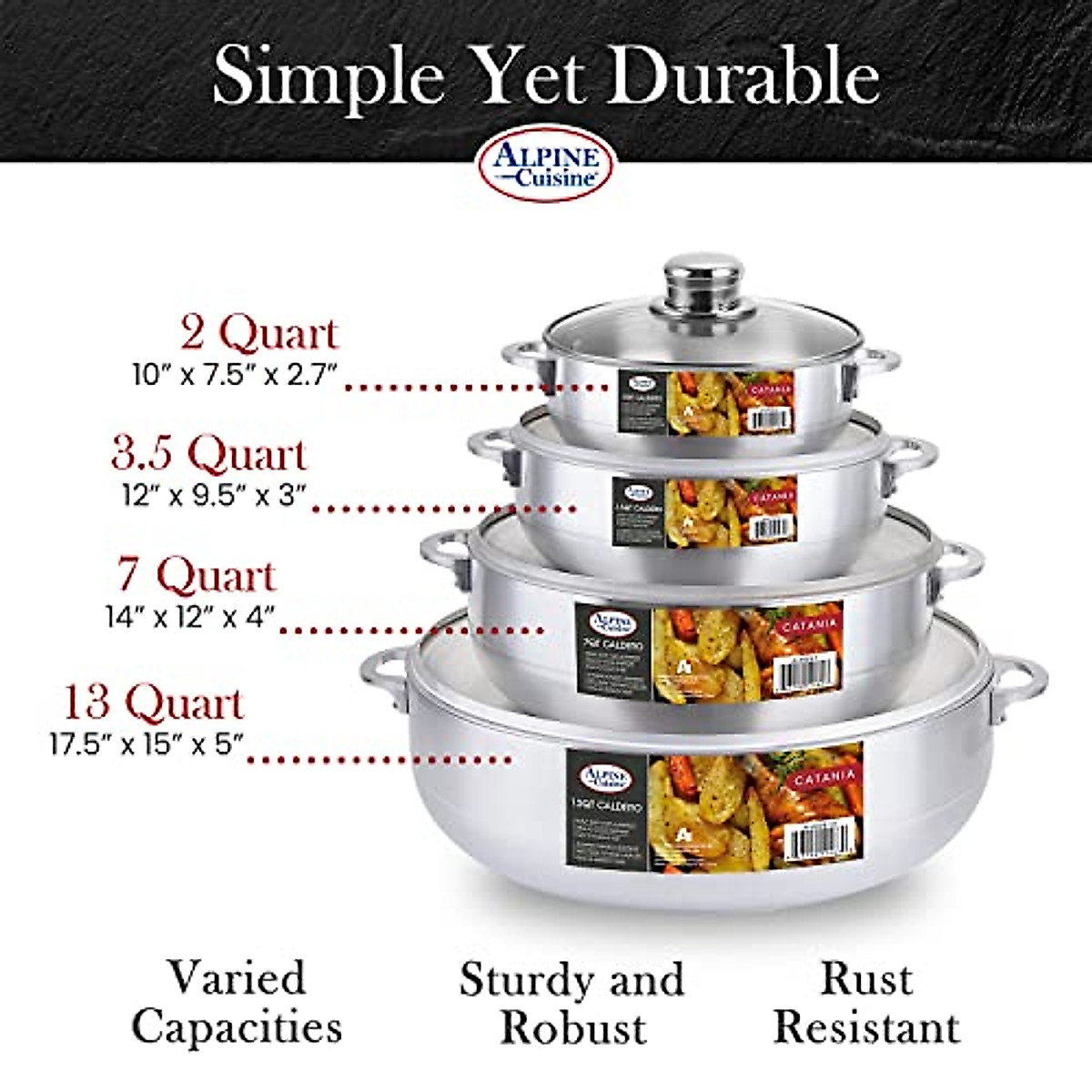 Alpine Cuisine 8 Piece Set Aluminum Caldero Stock Pot with Glass Lid, Commercial Grade Cooking Dutch Oven