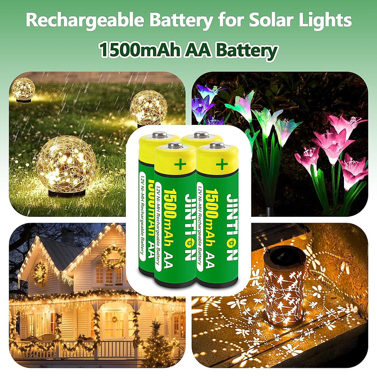 JINTION AA Rechargeable Batteries, Double A Ni-MH High Capacity 1.2V 1500mAh Pre-Charged AA Solar Battery for Solar Lights String Lights Remotes Toys, 4 Pack