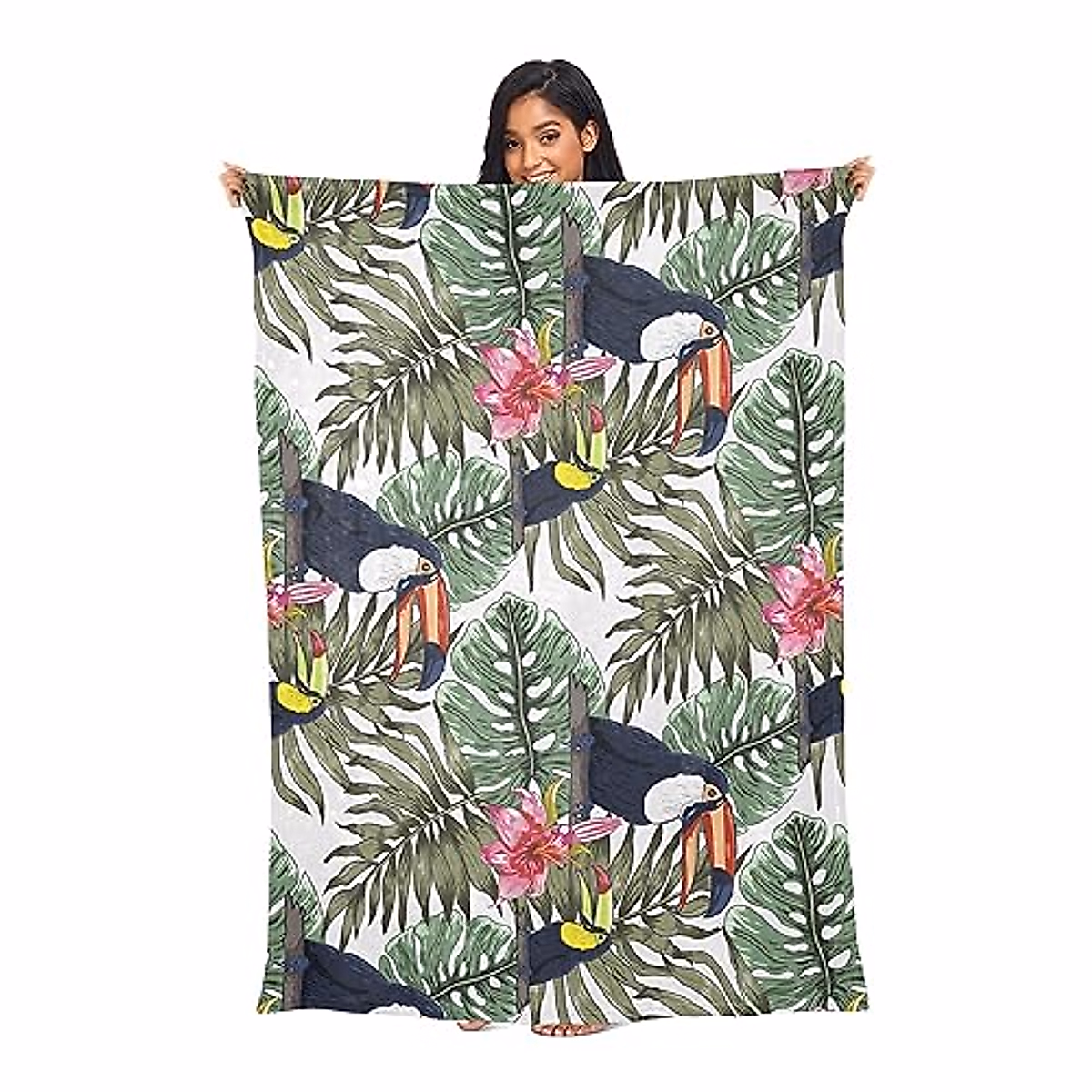 Joko Ivery Tropical Palm Leaves Birds Premium Soft Travel Blanket Pillow Airplane Blanket with Hand Luggage Belt & Backpack Clip Airplane Essentials 2 in 1 for Airplane Train Bus Car