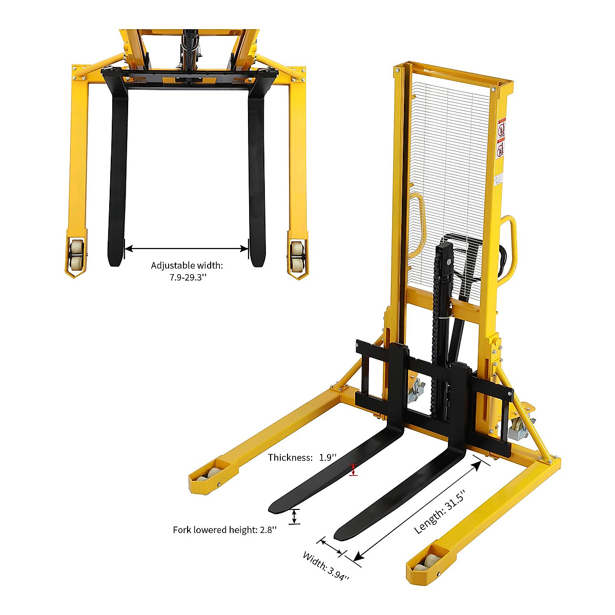 Xilin Manual Pallet Stacker 1100lbs Capacity 63" Lift Height with Straddle Legs Adjustable Forks